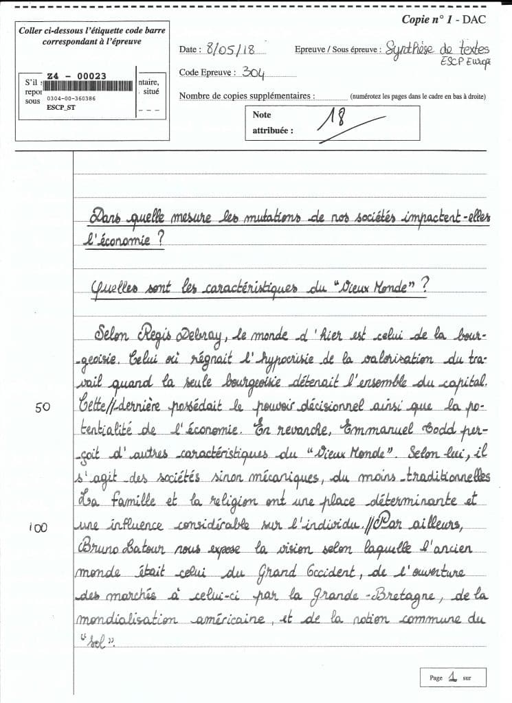 Copie de synthèse de textes ESCP 2018 notée 18/20 ! - Major Prépa