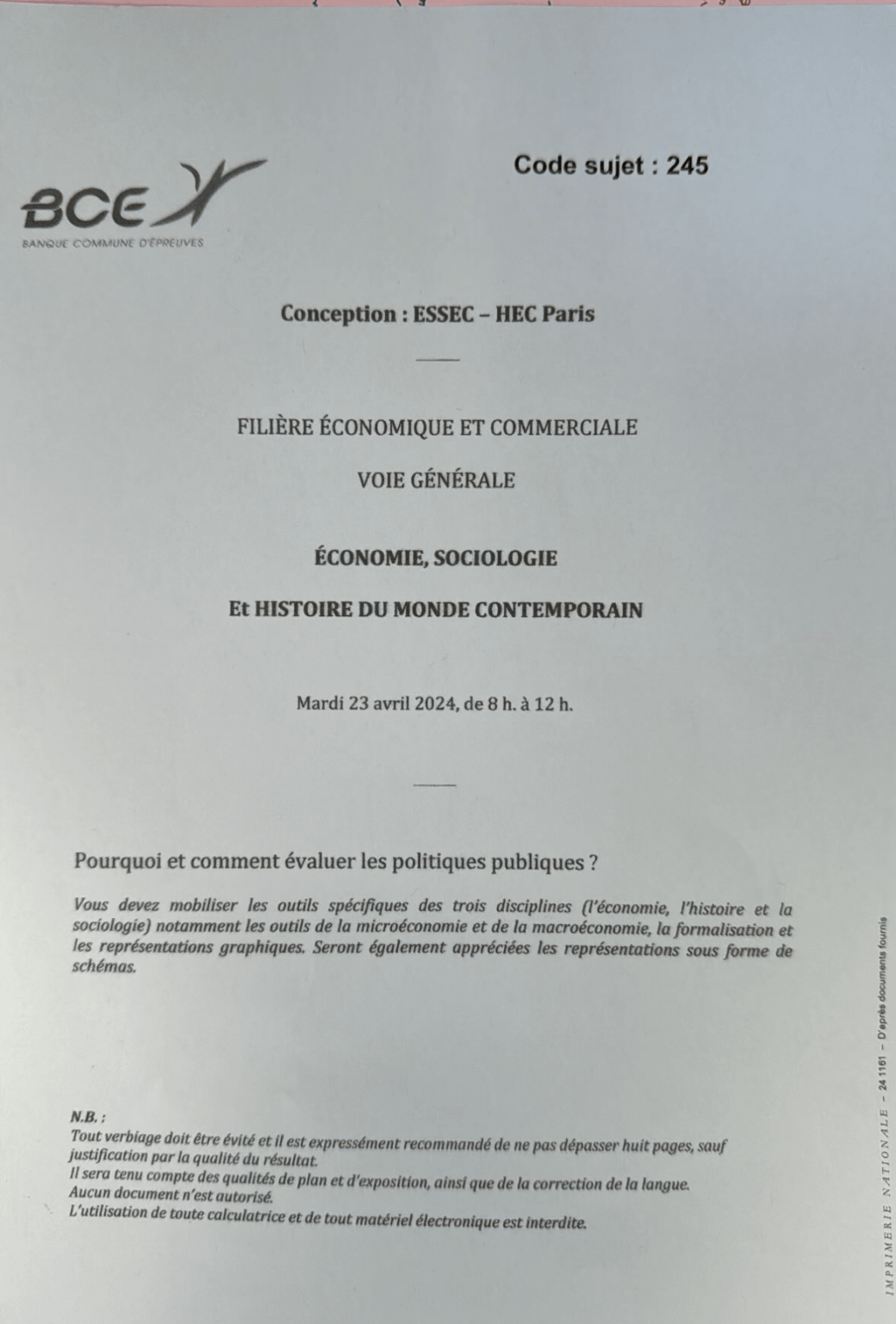 ESH HEC ESSEC 2024 - Sujet - Major Prépa