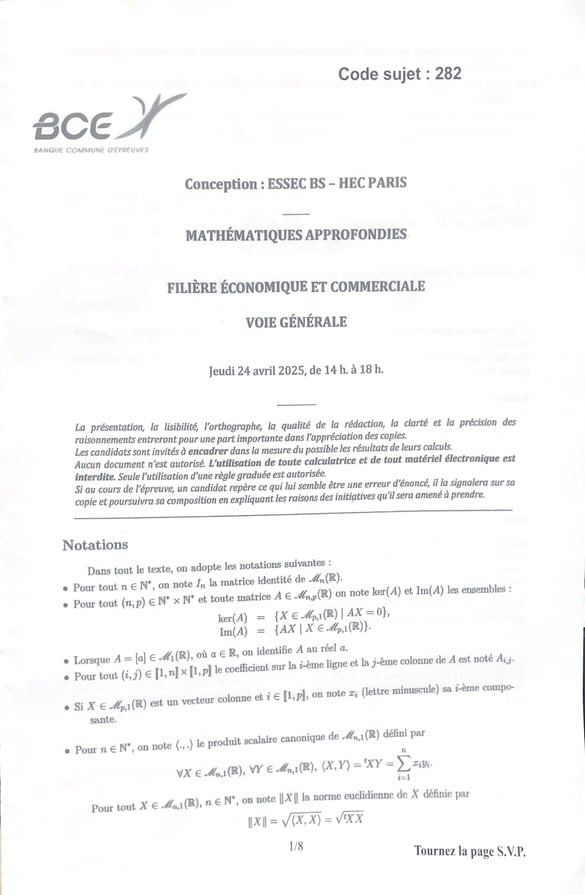 Maths I approfondies HEC / ESSEC 2025 - Sujet - Major Prépa
